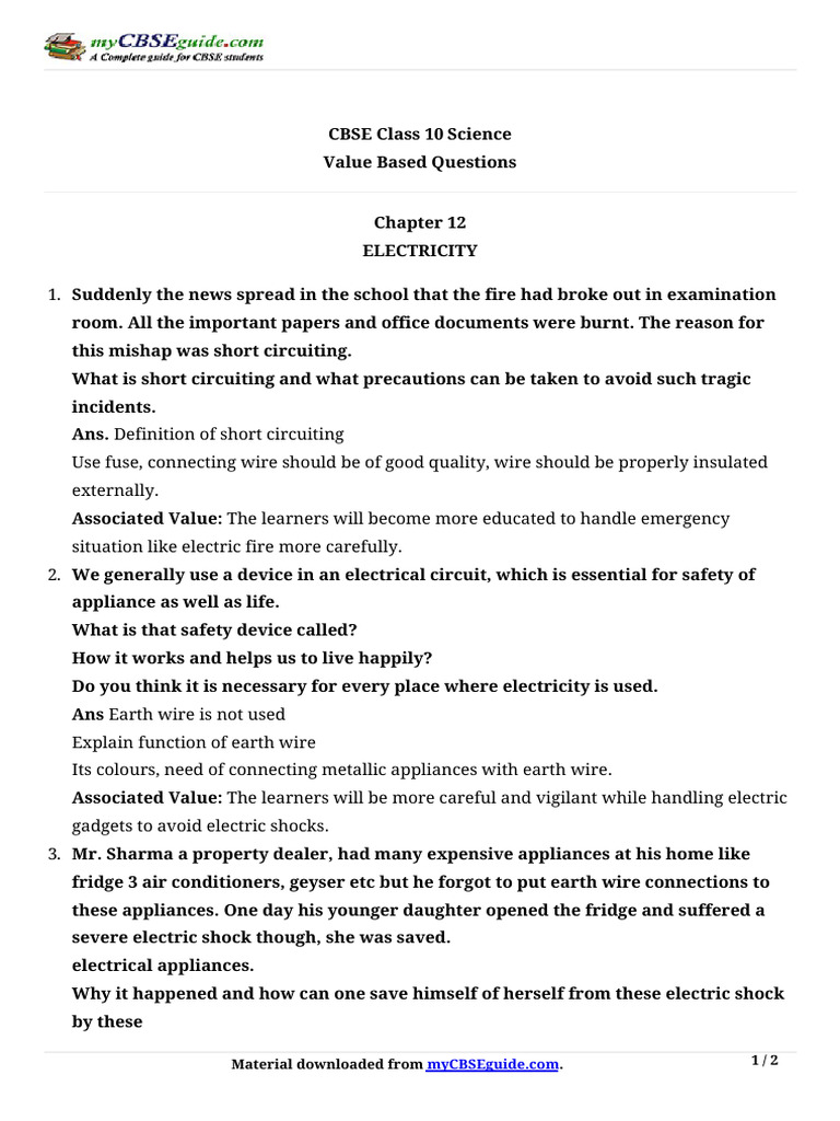 Electricity Value Based Questions | PDF | Wire | Electricity