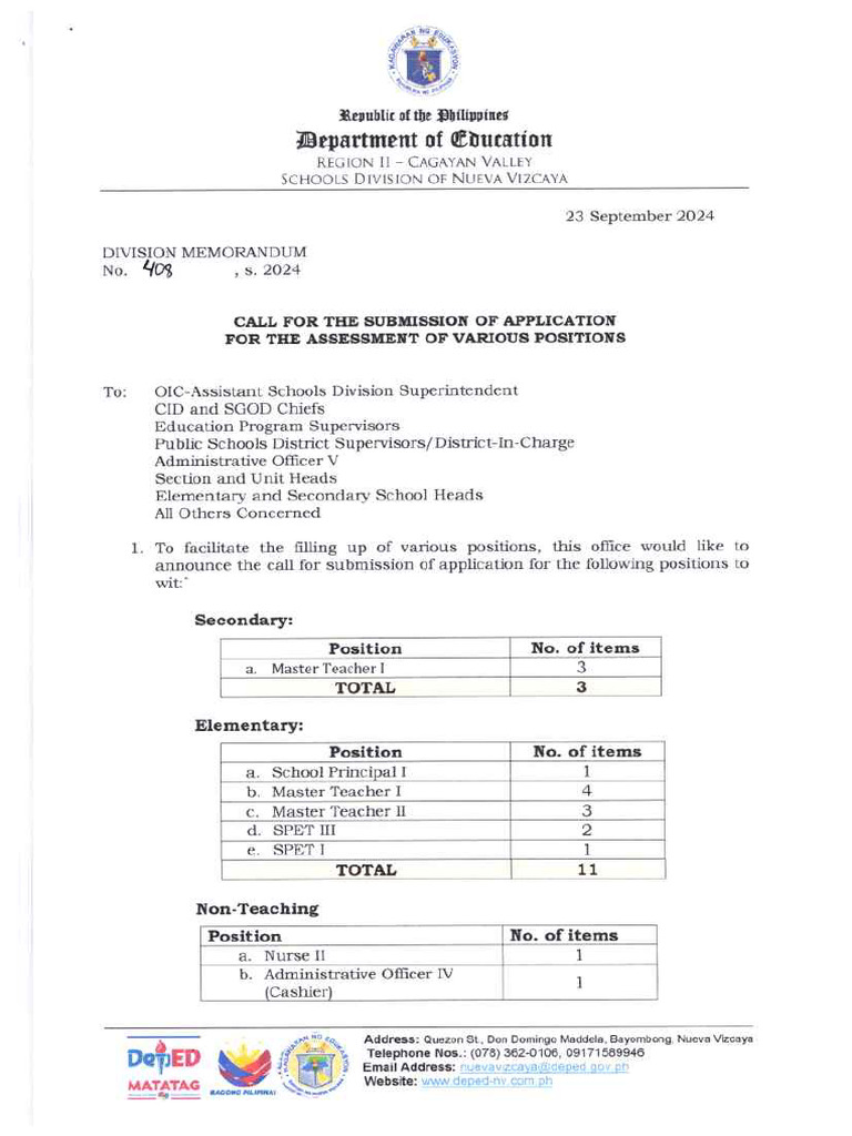 DM No. 408 S. 2024 CALL FOR THE SUBMISSION OF APPLICATION FOR THE ...