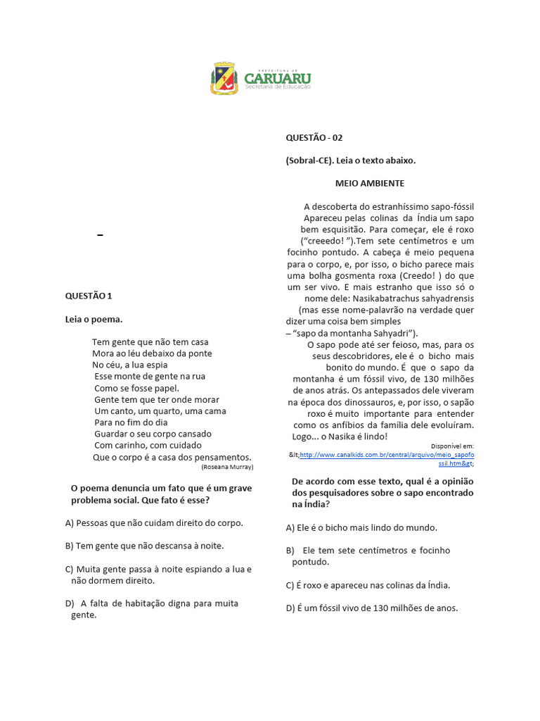 SIMULADO 1 LP 5° ANO | PDF