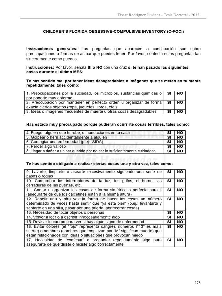 Inventario de OCD Infantil en Florida | PDF
