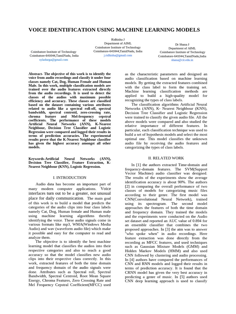 Voice Identification Using Machine Learning Models | PDF | Statistical Classification | Machine ...