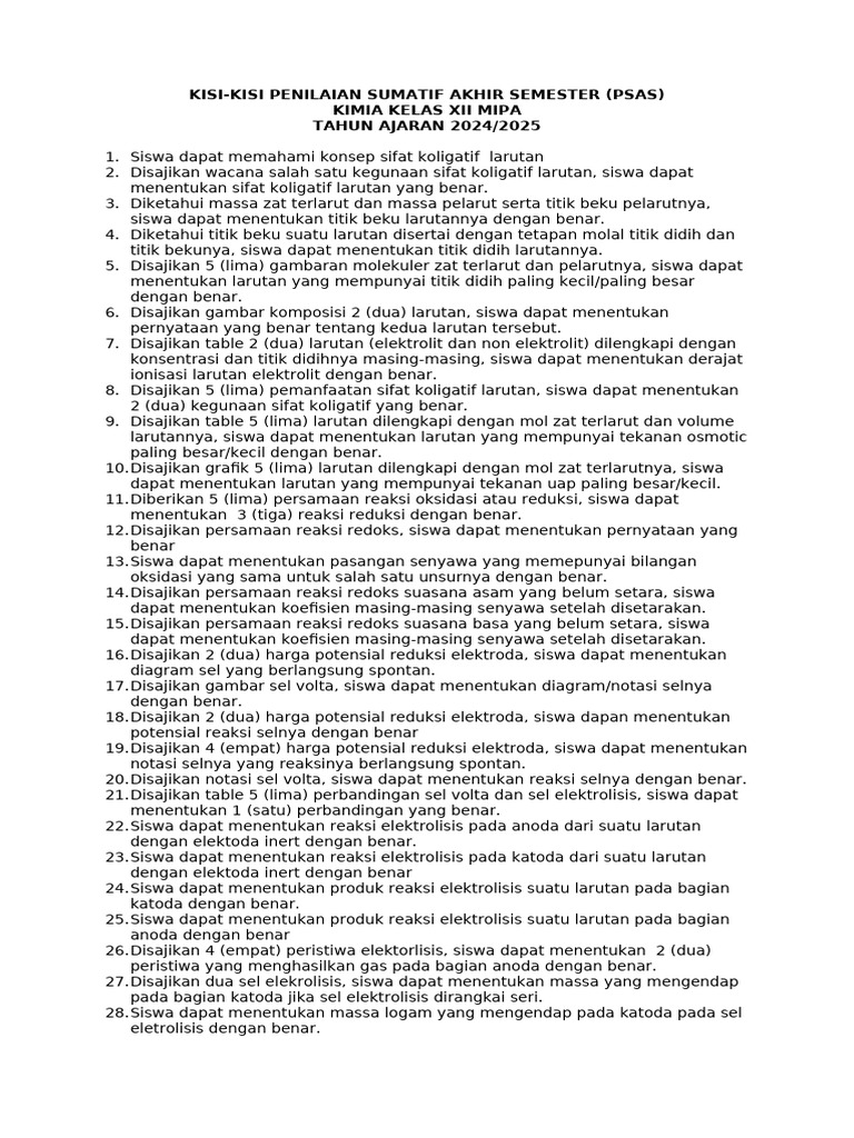 Kisi-Kisi Psas Kelas Xii Mipa | PDF