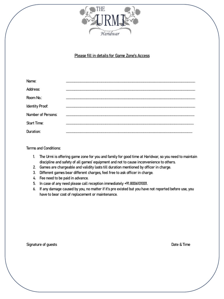 Please Fill in Details For Game Zone | PDF