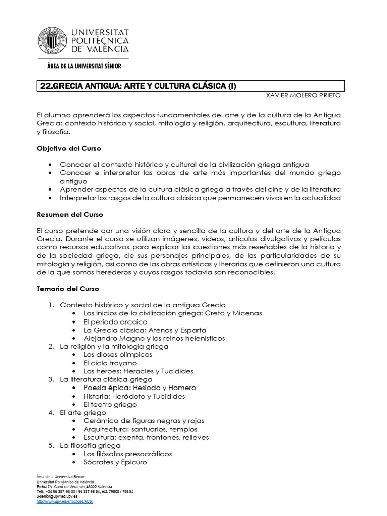 Ecia Antigua: Arte Y Cultura Clásica (I) : Objetivo Del Curso | PDF