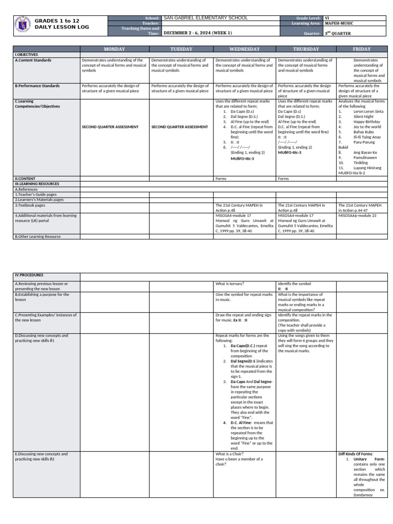 DLL - Mapeh-Music 6 - Q3 - W1 | PDF | Behavior Modification | Cognition
