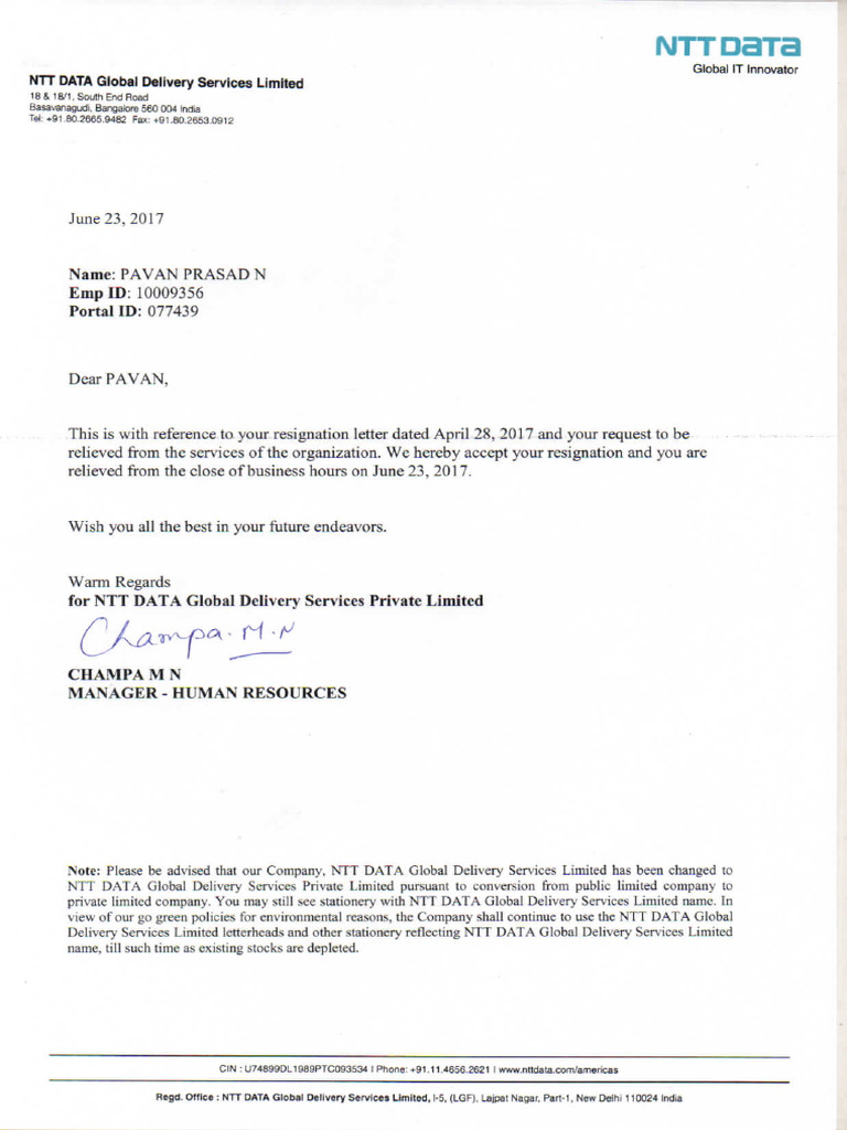 RelievingLetter NTT | PDF