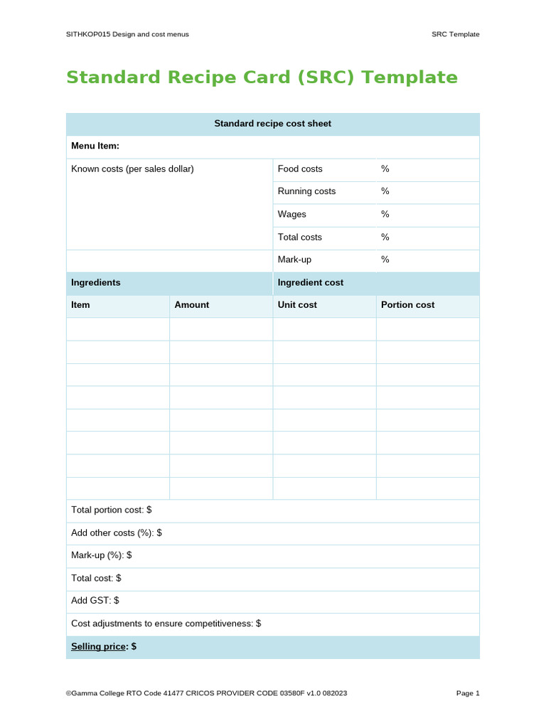 SITHKOP015 Standard Recipe Card (SRC) Template.v1.0 | PDF