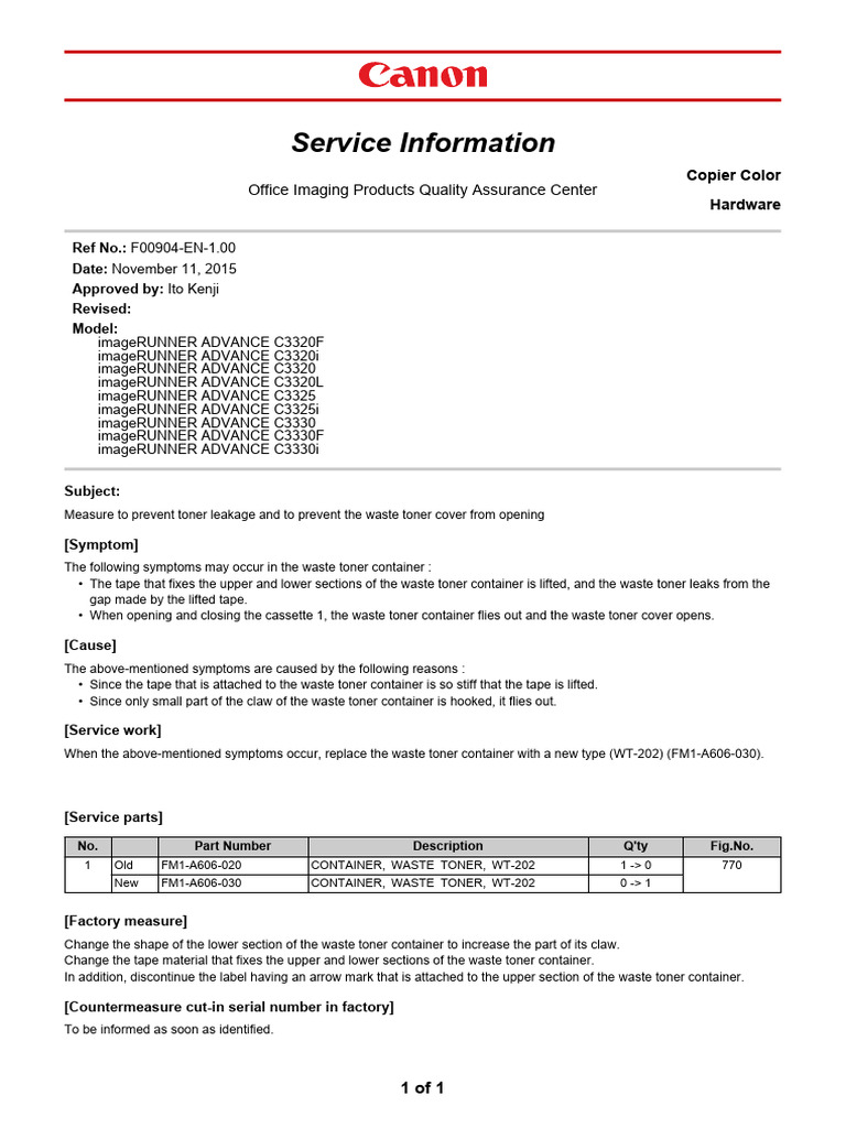 Measure To Prevent The Waste Toner Cover From Opening - en - 1.00 | PDF