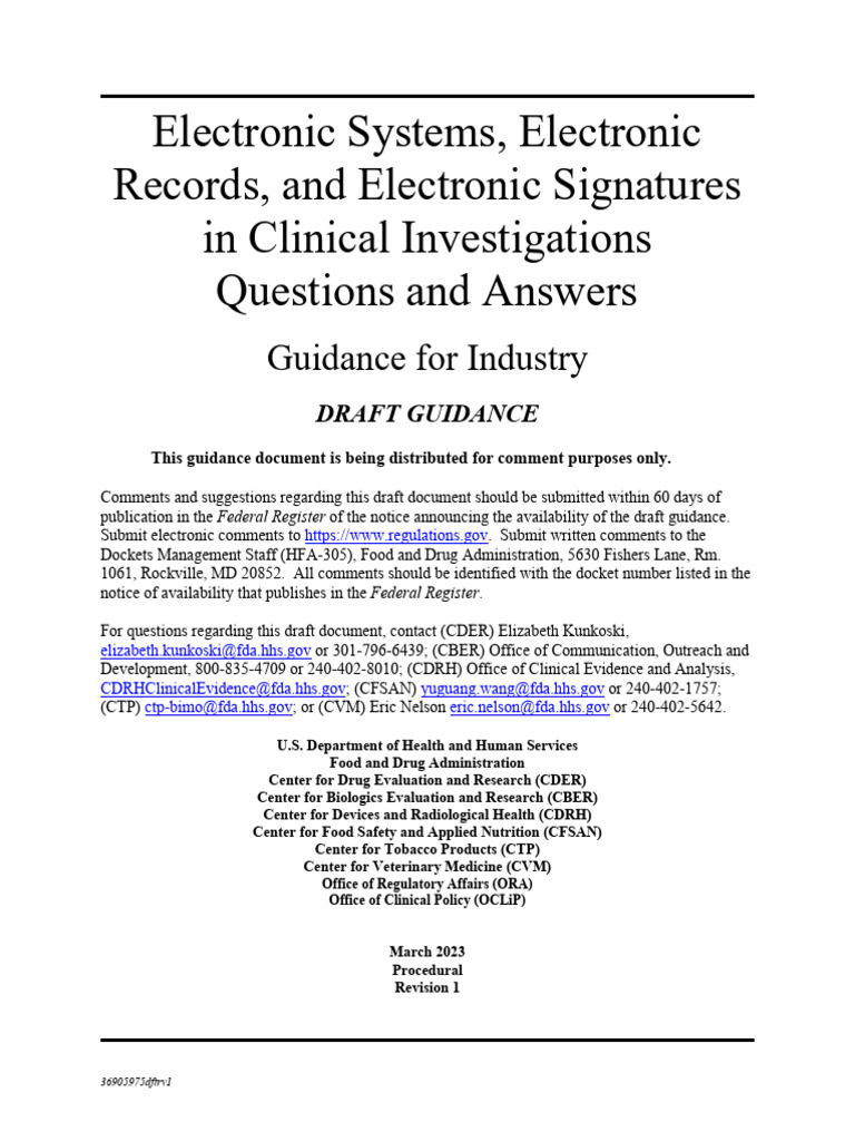 FDA Draft Electronic Systems, Electronic Records, and Electronic ...