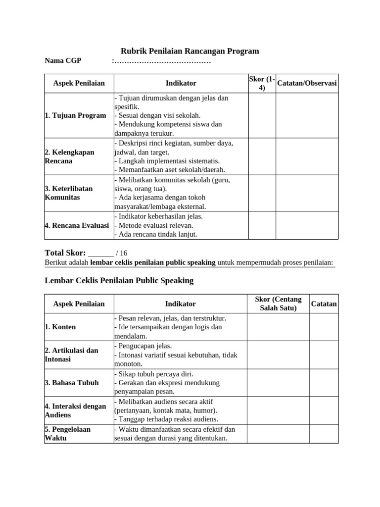 Rubrik Penilaian Rancangan Program | PDF
