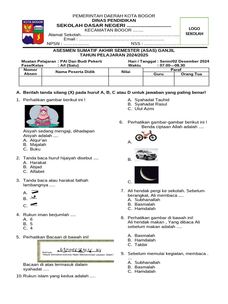 Soal Asas Pai_kelas 1_ganjil 2024-2025-1 | PDF