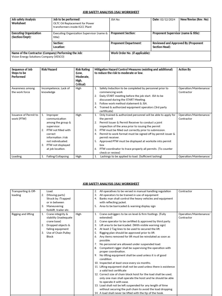 Job Safety Analysis (Jsa) Worksheet | PDF