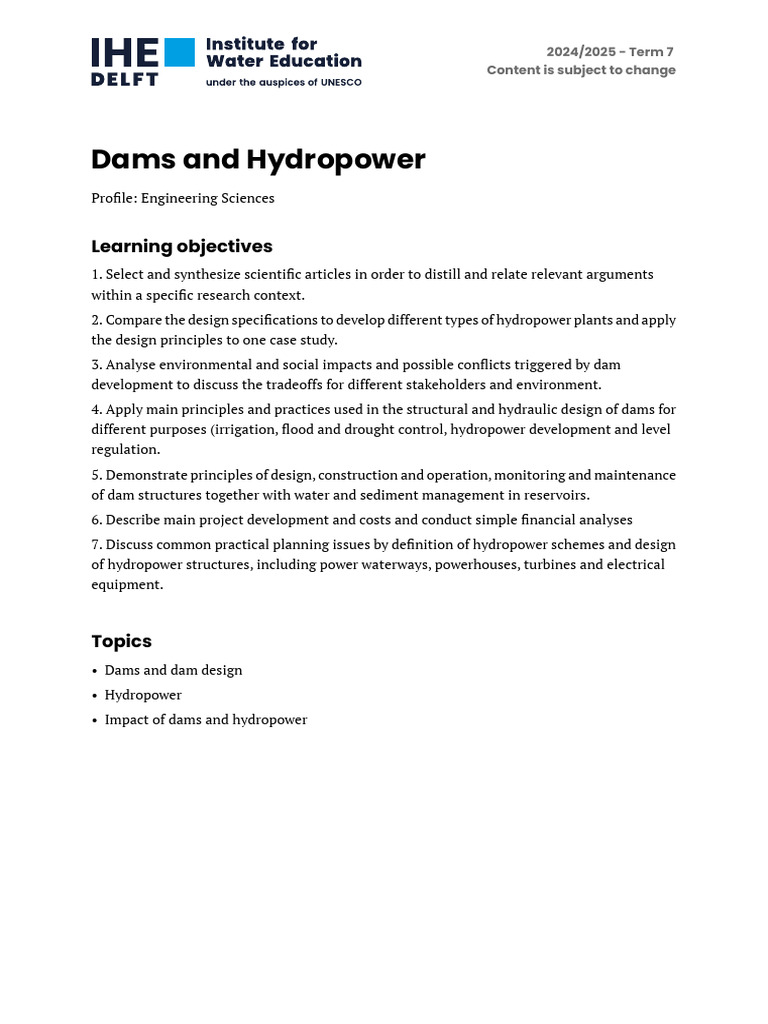 IHE Delft - 2024 - 2025 Module Dams and Hydropower | PDF