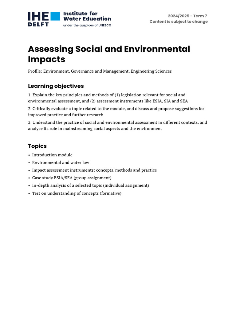 IHE Delft - 2024 - 2025 Module Assessing Social and Environmental Impacts | PDF