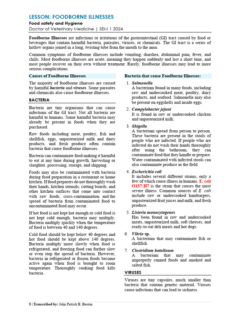 Lesson Foodborne Illnesses | PDF | Diarrhea | Foodborne Illness