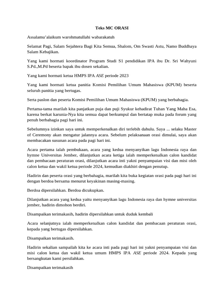 Teks MC Orasi 2023 | PDF
