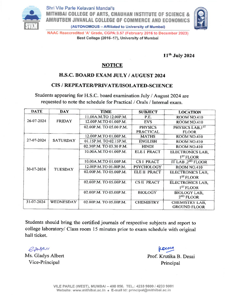 HSC July 24 Practical Orals Internal Exam Time Table | PDF