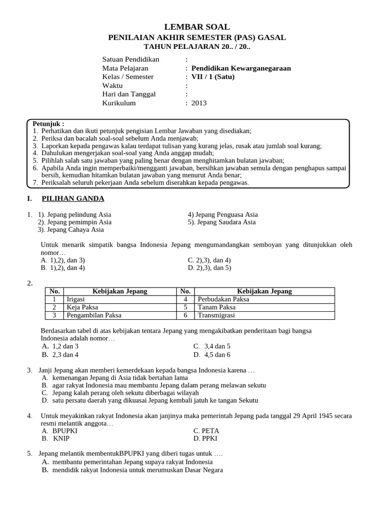 Soal PAS PKn Kelas 7 K13 | PDF