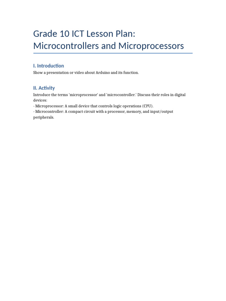 Grade 10 ICT Lesson Activity Microprocessors Microcontrollers | PDF