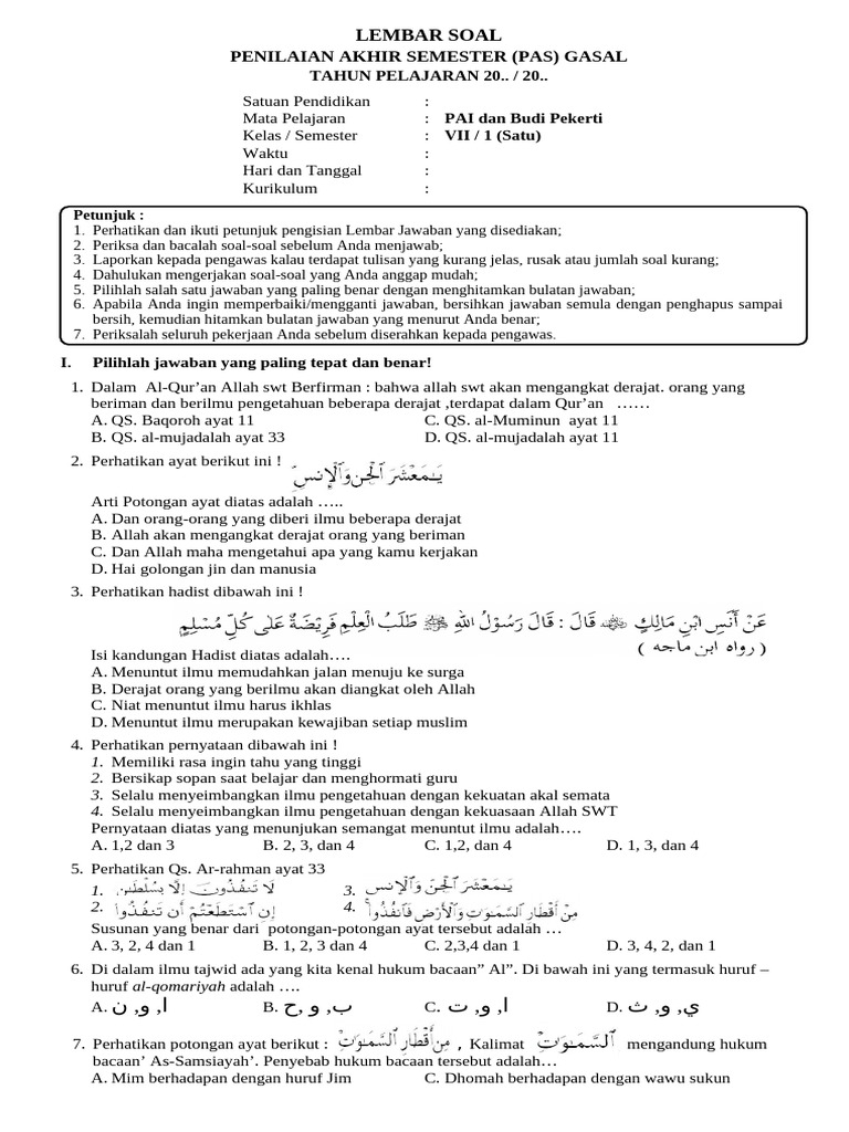 Soal PAS PAI Dan BP Kelas 7 | PDF