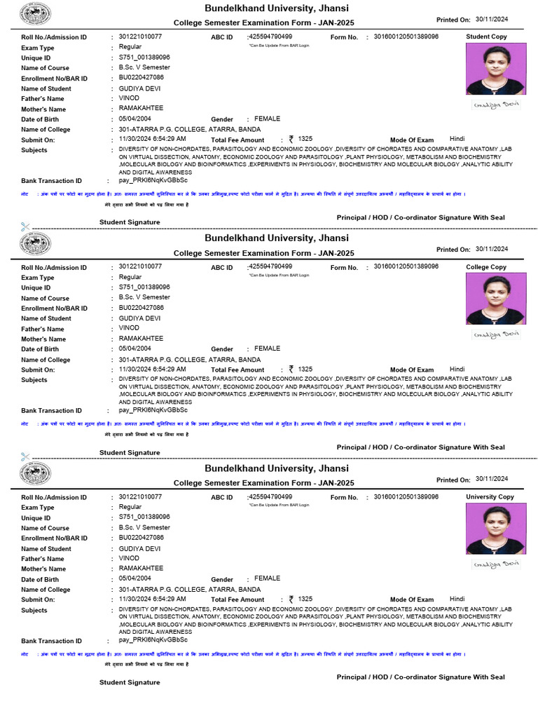 SemCandidateDetails - 2024-11-30T065453.495 | PDF | Zoology | Biology
