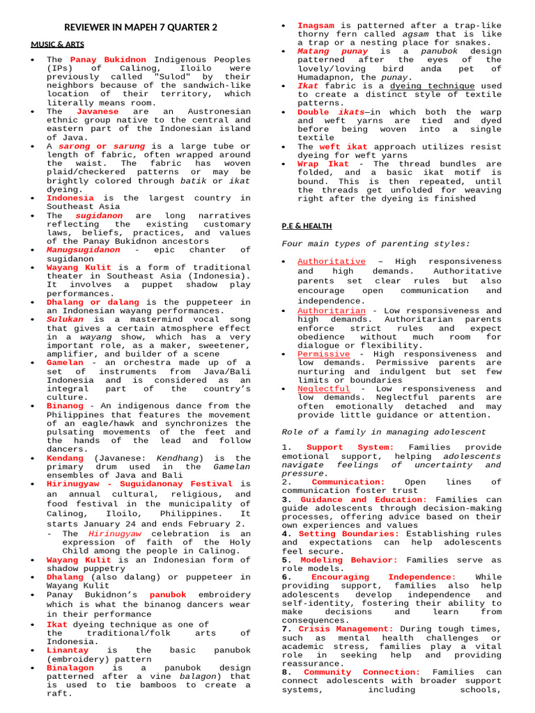 REVIEWER IN MAPEH 7 QUARTER 2 | PDF | Textiles