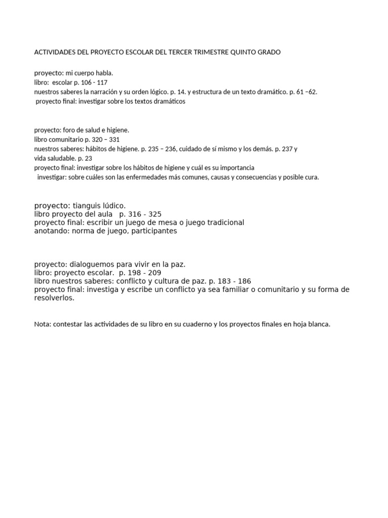 ACT. PROYECTO QUINTO GRADO | PDF