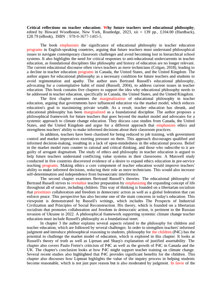 Critical Reflections On Teacher Education Why Future Teachers Need Educational Philosophy | PDF ...