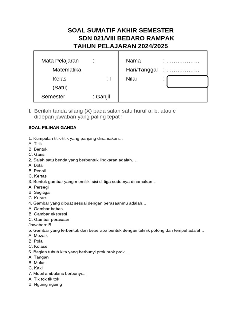 Soal Seni Rupa Kelas 1 SD Kurikulum Merdeka | PDF