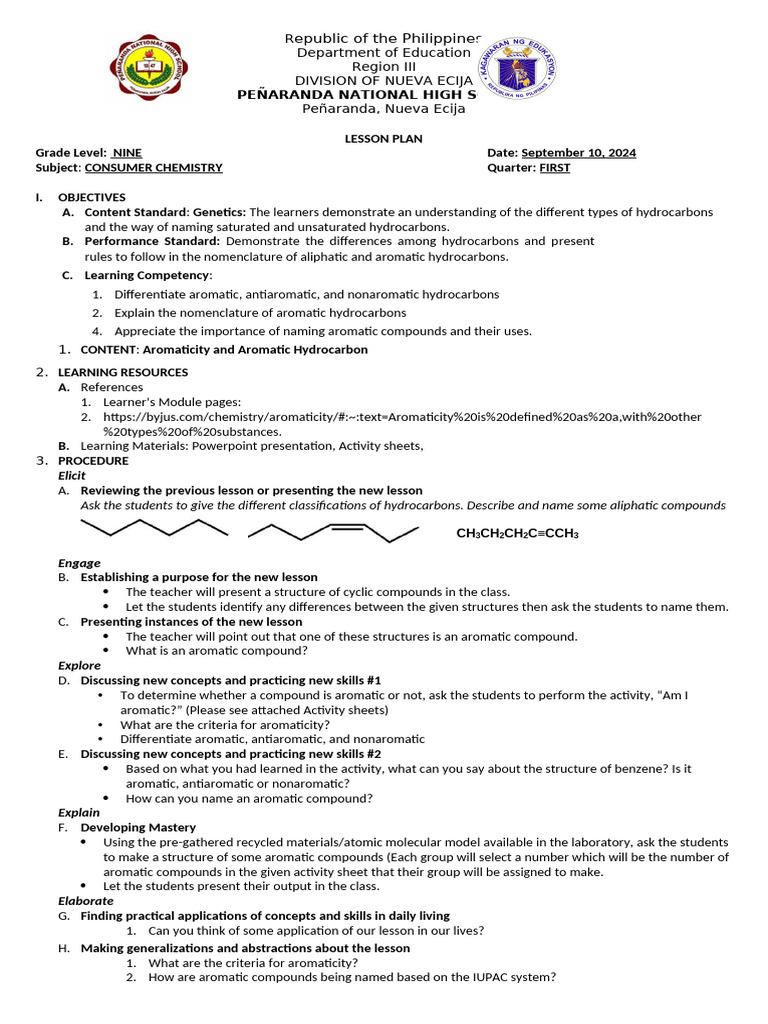 DLL COT 1 Conchem 2023 2024 | PDF | Aromaticity | Hydrocarbons