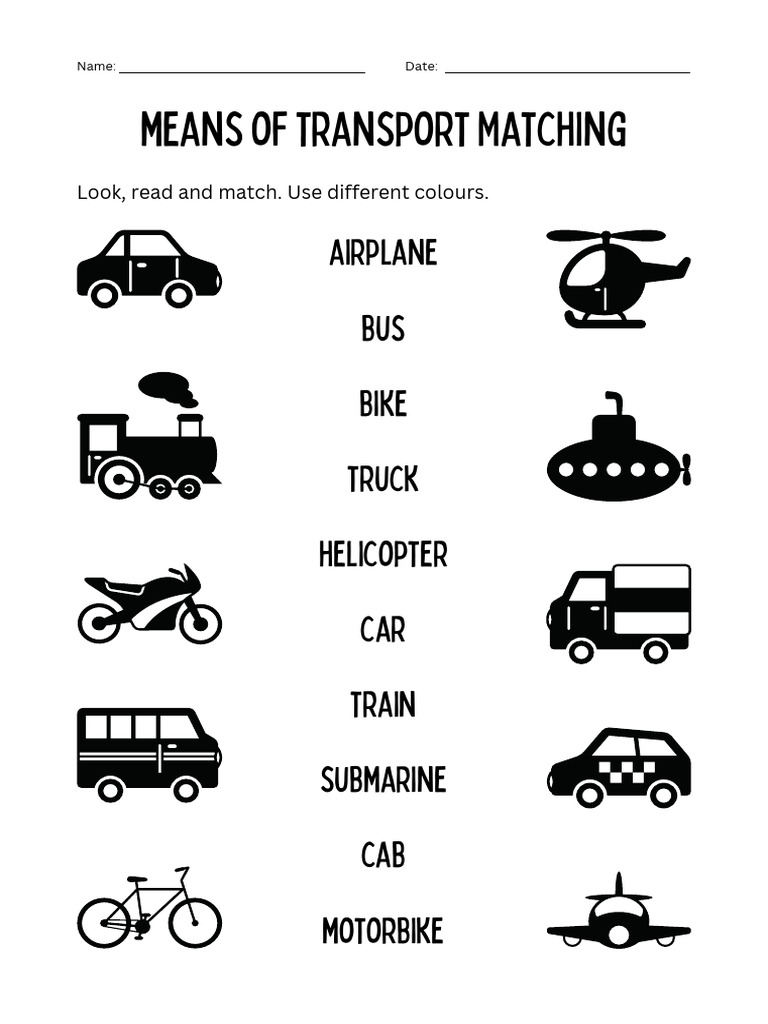 Kindergarten Transport Matching Worksheet | PDF