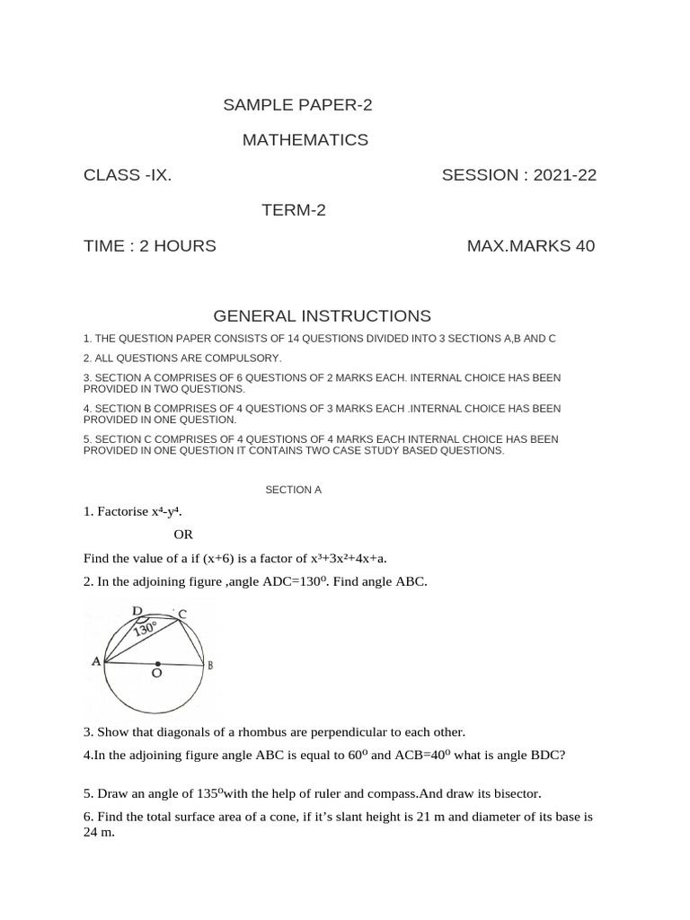 Sample Paper-2' Class 9 Maths Term-2 | PDF | Elementary Geometry ...