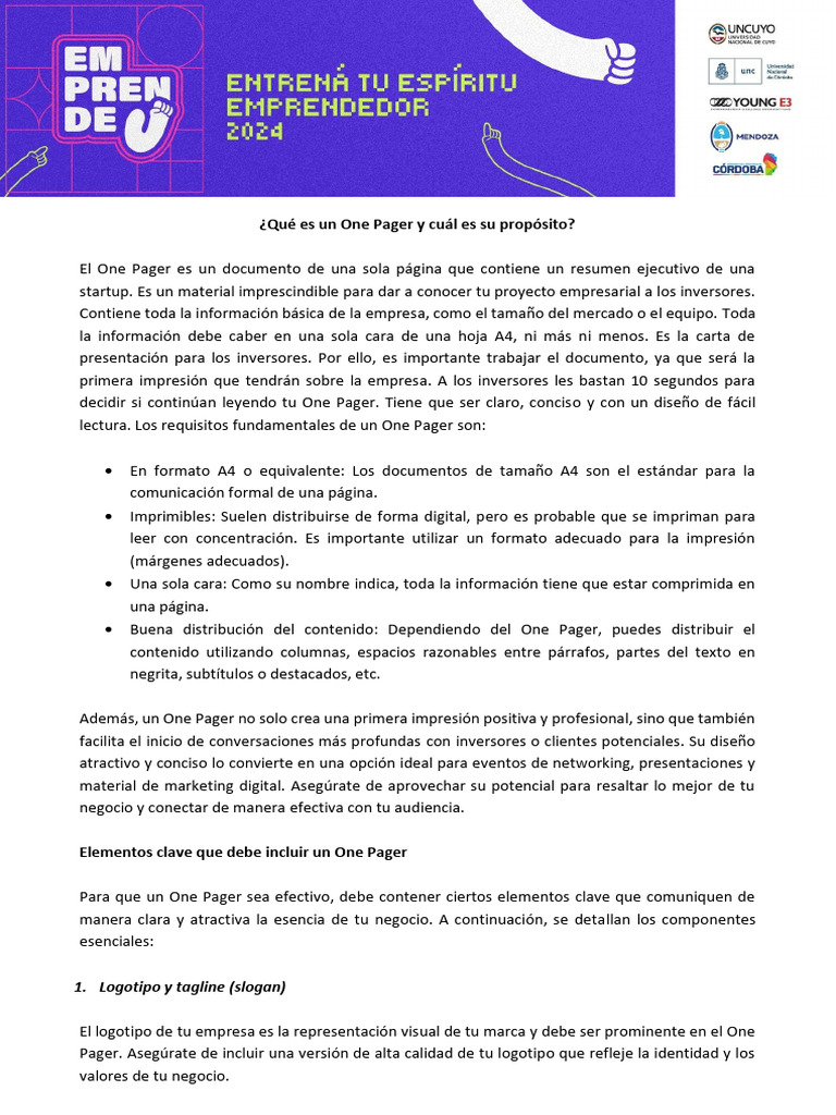 Qué es un One Pager y su importancia | PDF | Modelo de negocio ...