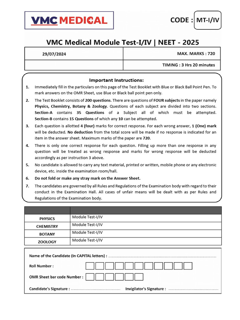 VMC Medical-Module Test-01 - (29!07!2024) - Neet-2025 - Questions Paper ...
