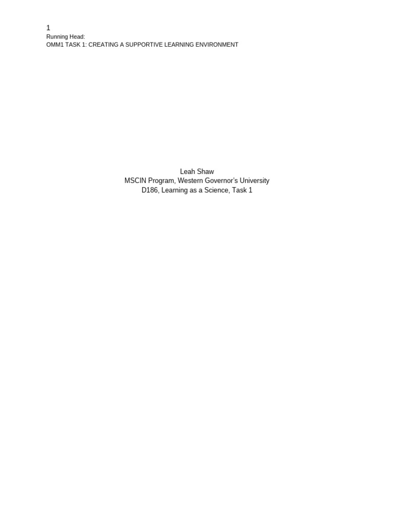 OMM1 TASK 1 - CREATING A SUPPORTIVE LEARNING ENVIRONMENT - LeahShaw ...