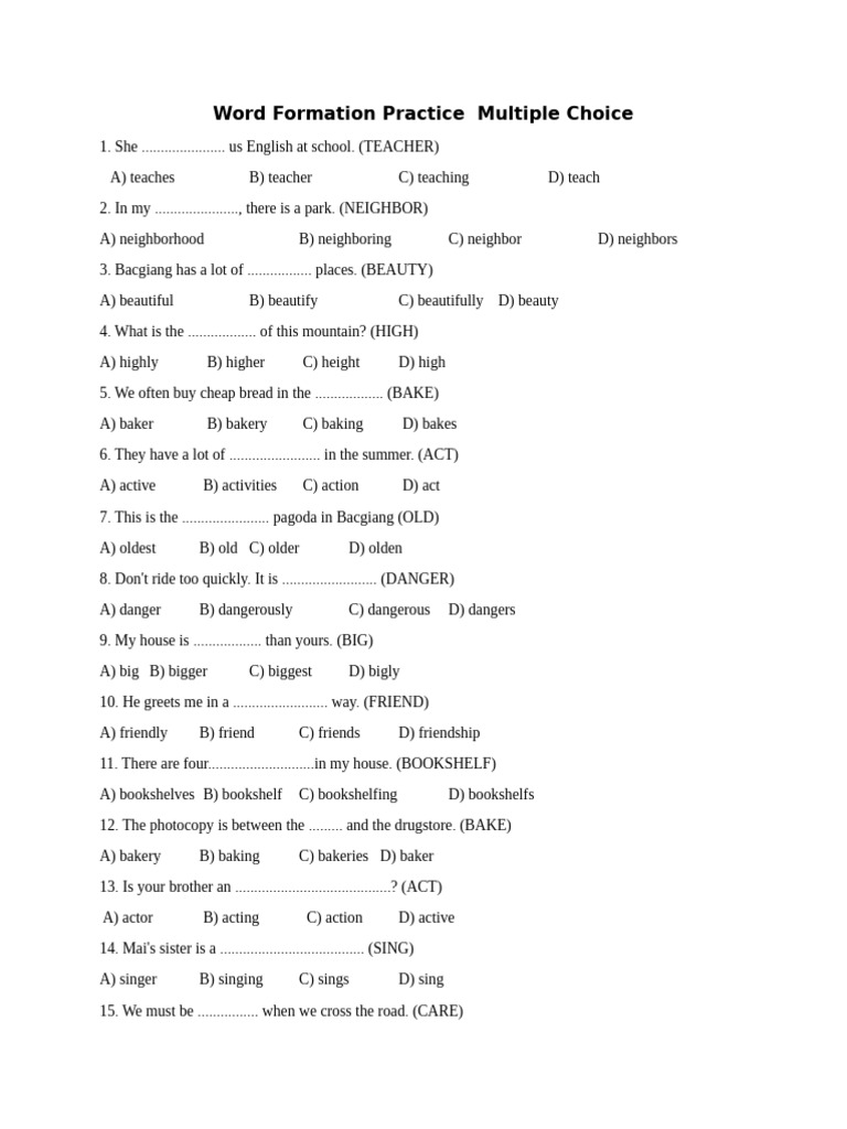 Word Formation Practice Multiple Choice | PDF | Baking