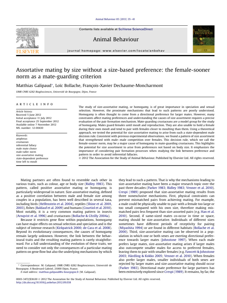 Assosrtive Mating by Size Without A Size-Based Preference The Female ...