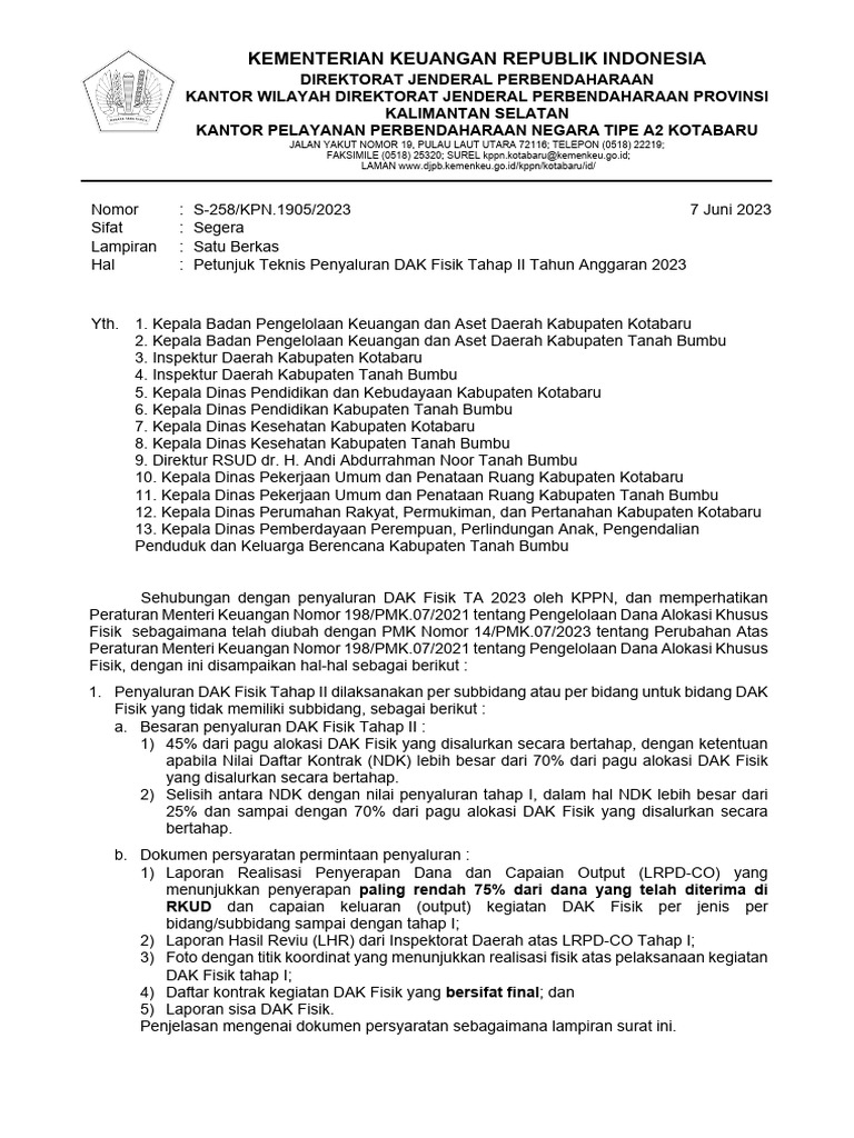 S258 - Juknis Penyaluran DAK Fisik Tahap II TA 2023 | PDF