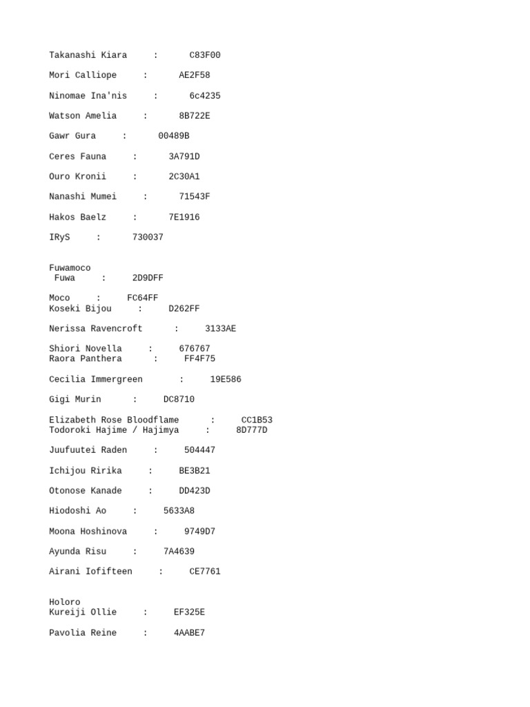 Hololive VTuber Color Codes List | PDF