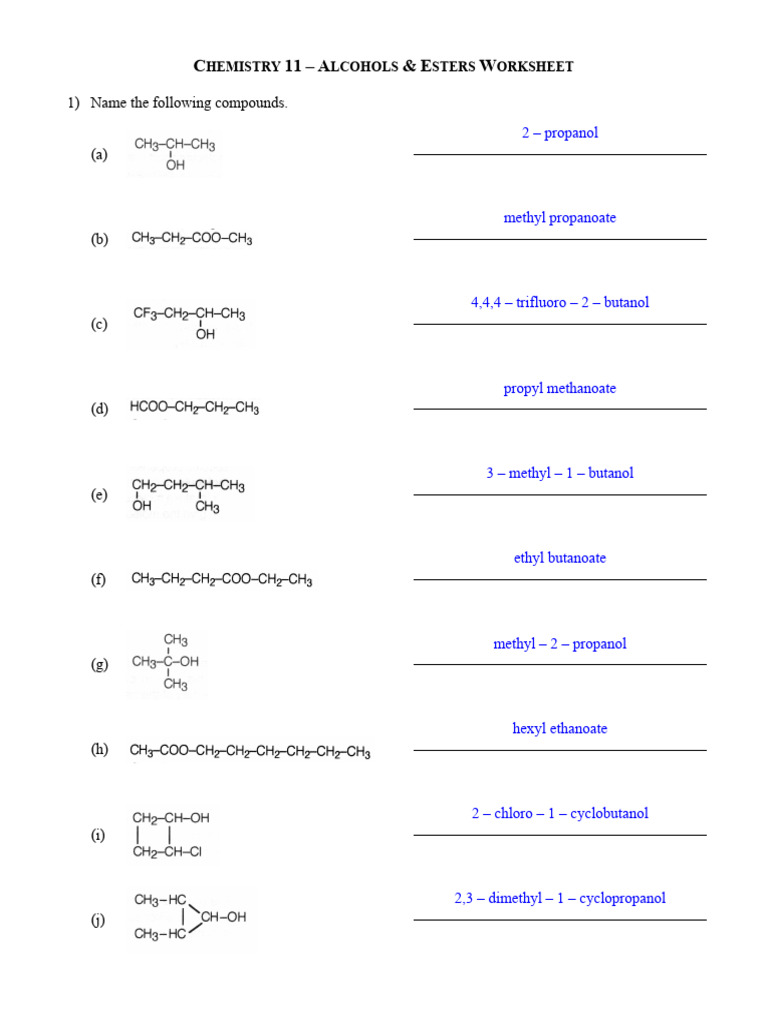 Alcohols and Esters Worksheet Solutions 1cjjh82 | PDF | Ester | Methyl ...