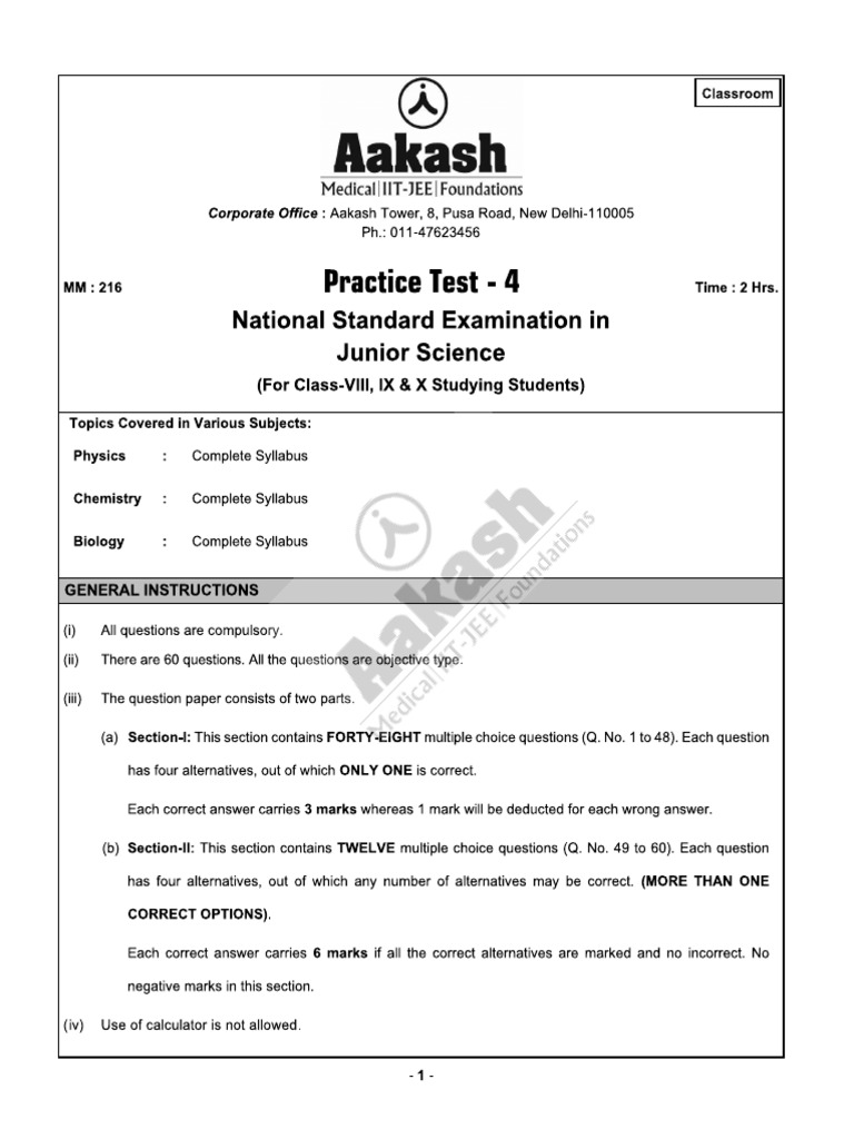 NSEJS Practice Test-4 - Class-VIII, IX & X_Classroom_B | PDF
