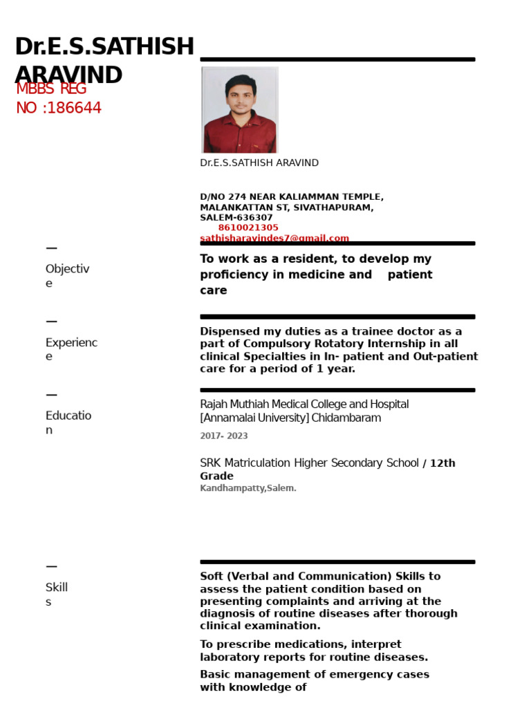Mbbs Reg NO:186644: Dr.E.S.Sathish Aravind | PDF