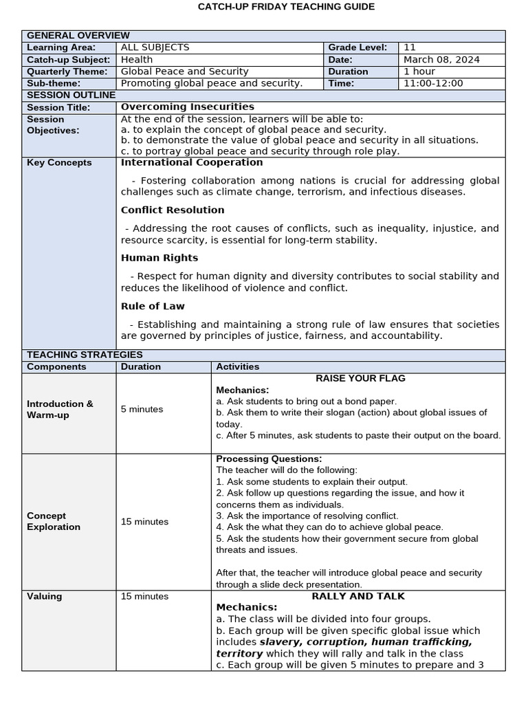 Grade 11 - Values Global Peace | PDF | Peace | World Peace