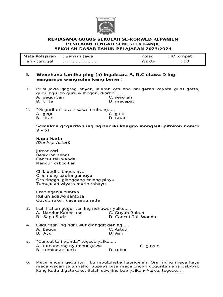 Soal PTS BHS Jawa Kelas 4 Sem 1 | PDF