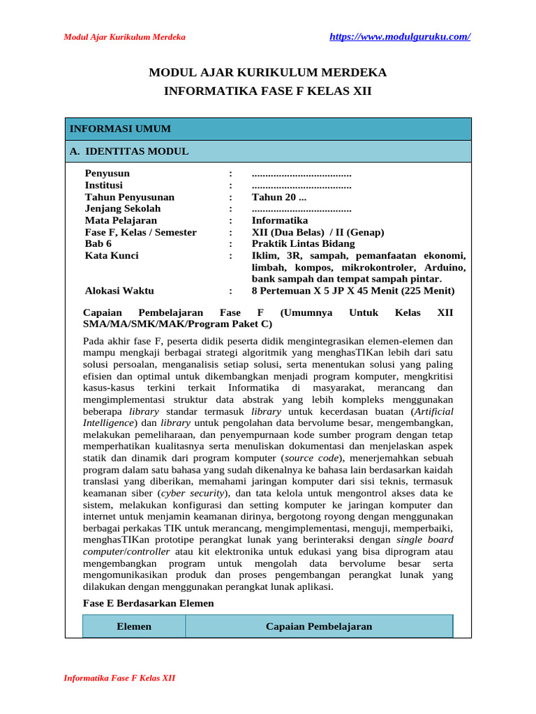 Modul Ajar Informatika Kelas 12 Fase F BAB 6 Praktik Lintas Bidang | PDF