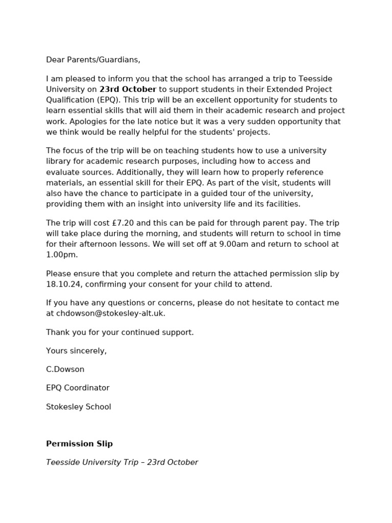 EPQ Parent Letter Teesside | PDF
