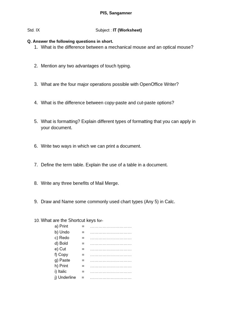 STD IX Worksheet | PDF