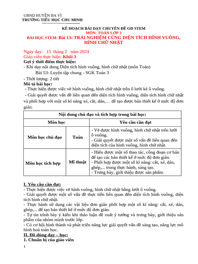 BH STEM 3 BaI 13 Trai Nghiem Cung Dien Tich Hinh Vuong Va Hinh Chu Nhat KHBD 4b03b | PDF