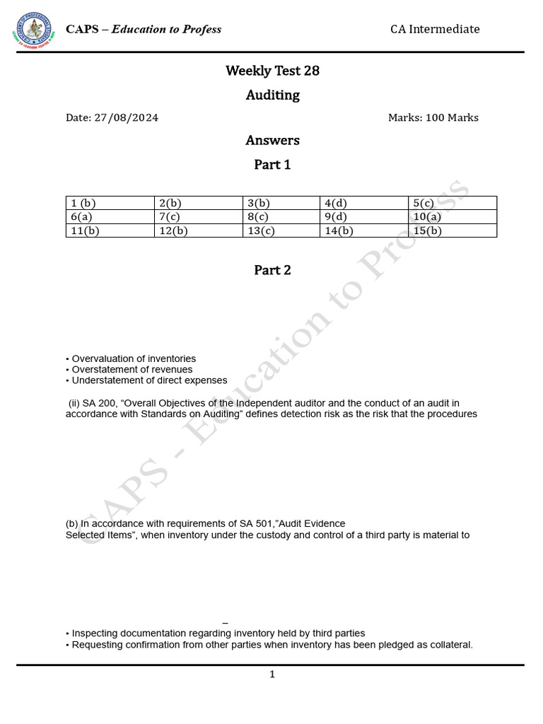 T28 Auditing - 100 Marks - 27.08.2024 - Answers | PDF | Audit | Loans