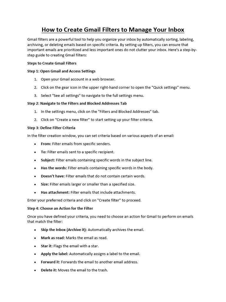 How to Create Gmail Filters to Manage Your Inbox | PDF | Gmail ... How to Create Gmail Filters to Manage Your Inbox | PDF | Gmail ...